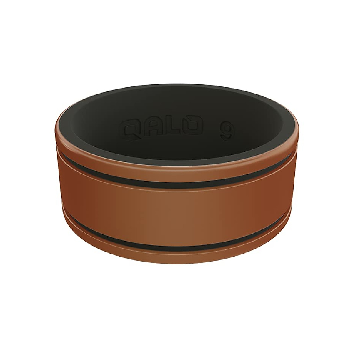 QALO Men's Rubber Silicone Ring, Metallic Striped Strata, Comfort Fit, Silicone Rubber Wedding Band, Breathable, Durable Wedding Ring for Men, 9mm Wide 1.85mm Thick, Copper & Black, Size 9