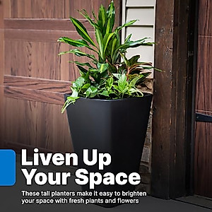 Step2 Bridgeview Tall Square Planter Box, Large Outside All-Season All-Weather Gardening Pot for Patio and Front Porch, Onyx Black, 2-Pack