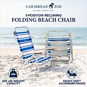 Caribbean Joe Folding Beach Chair, 5 Position Lightweight and Portable Reclining Outdoor Camping Chair with Wooden Armrests and Carry Strap, Red, White and Blue Stripe