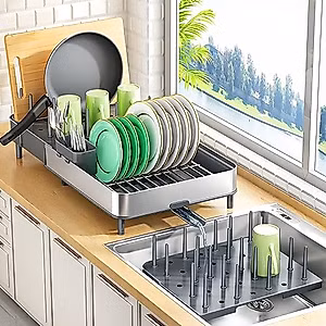 Dish Drying Rack - Expandable Dish Racks - Large Stainless Steel Dish Drainer for Kitchen Counter with Utensil Holder and Cup Holder, Grey