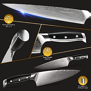 Damascus Kitchen Knife Set with Block, Razor Sharp 67-Layer VG10 Steel and Triple Rivet Handle, Included Chef/Santoku/Utility/Bread/Paring Knives, Sharpener, Kitchen Shears-Natural Wooden Block, 9Pcs