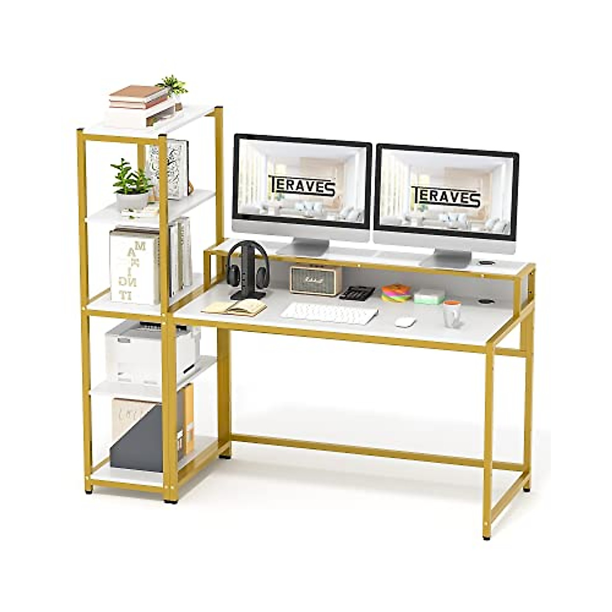 Teraves Computer Desk with 5 Tier Shelves,Reversible Writing Desk with Storage 49 Inch Study Table for Home Office Independent Bookcase and Desk for Multiple Scenes (Desk+Shelves, White+Gold Frame)