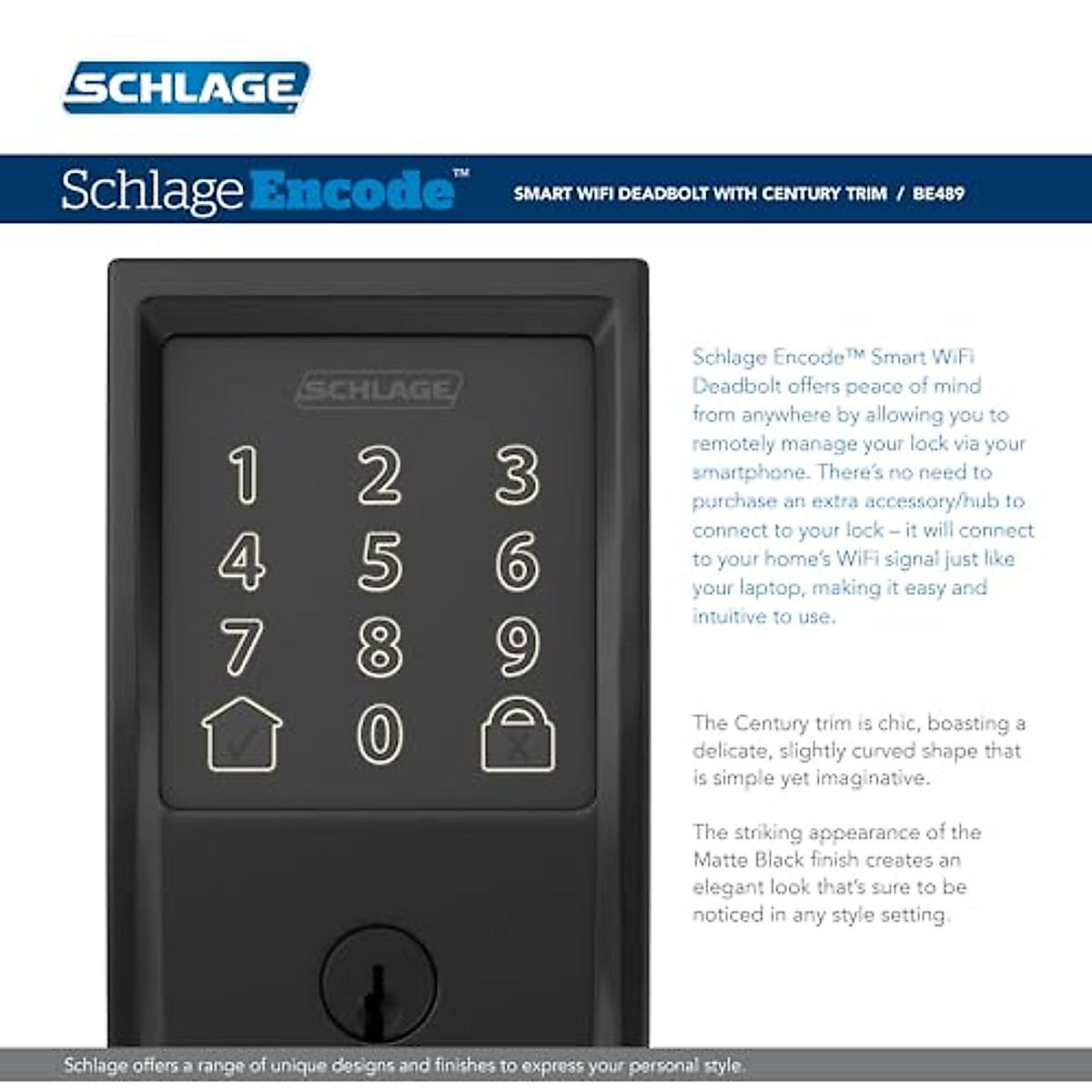 Schlage Encode Smart Wi-Fi Deadbolt with Century Trim in Matte Black