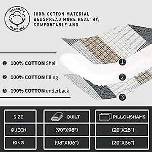 Finlonte Quilt Queen Size 100% Cotton Queen Size Quilts Grey Black Brown Bedspreads Plaid Quilts Lightweight Soft Breathable Bedding Sets for All Season, 3 Piece
