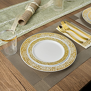 FOCUSLINE 175 Gold Dinnerware Set for 25 Guests, White Plastic Plates with Gold Lace Rim Design, Including 25 Disposable Dinner and Dessert Plates, 25 Silverware Set, 25 Cups, 25 Napkins