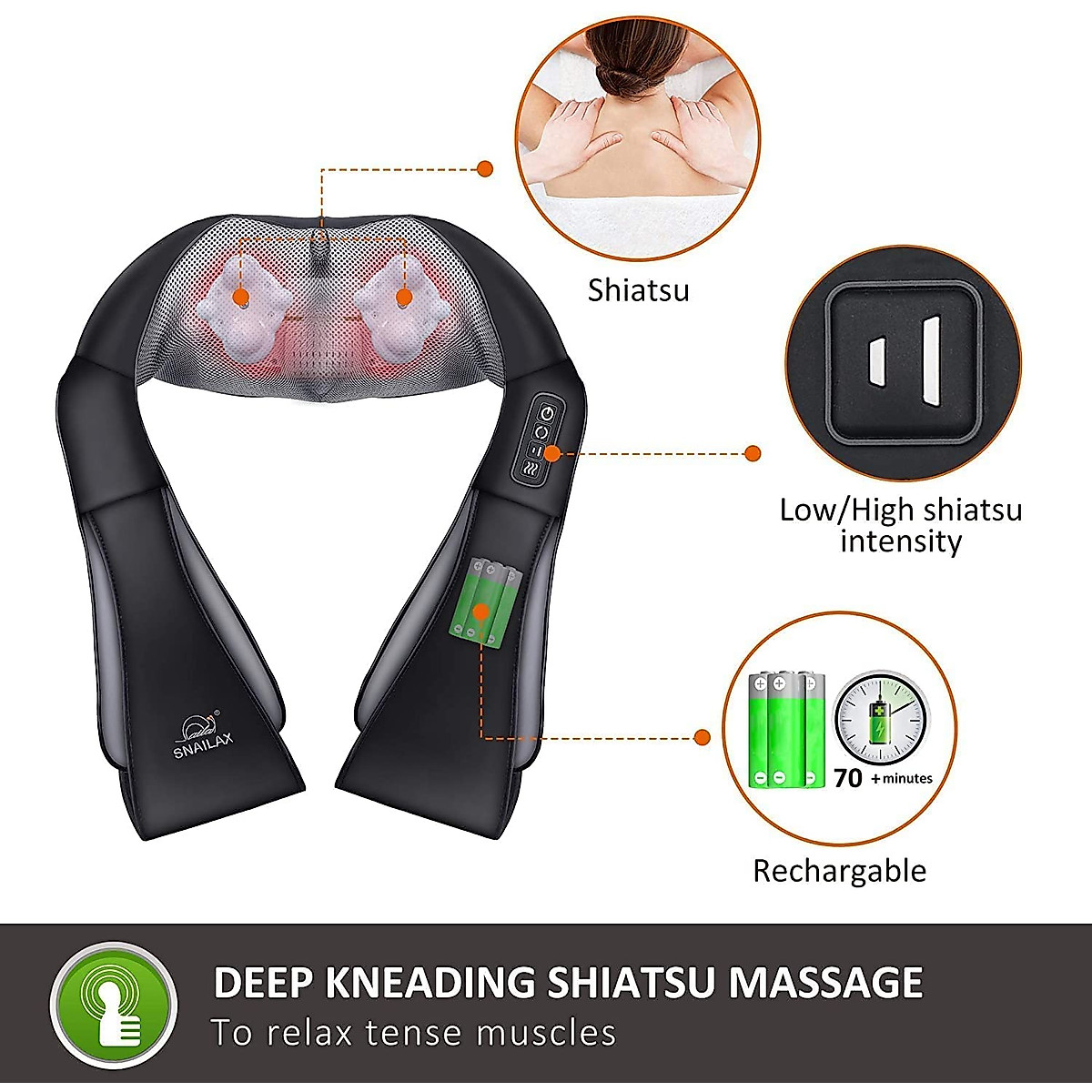 Snailax Cordless Massager - Shiatsu Neck and Shoulder Massager with Heat, Portable, Lumbar, Foot Electric Massage Pillow