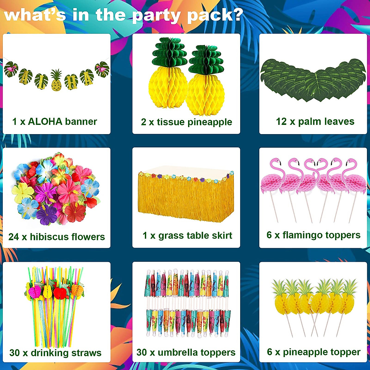 JOPHMO Tropical Luau Party Decoration Pack Hawaiian Beach Theme Party Favors Luau Party Supplies (112 PCS) including Banner, Table Skirt, Straws, Flamingo, Pineapple Décors.