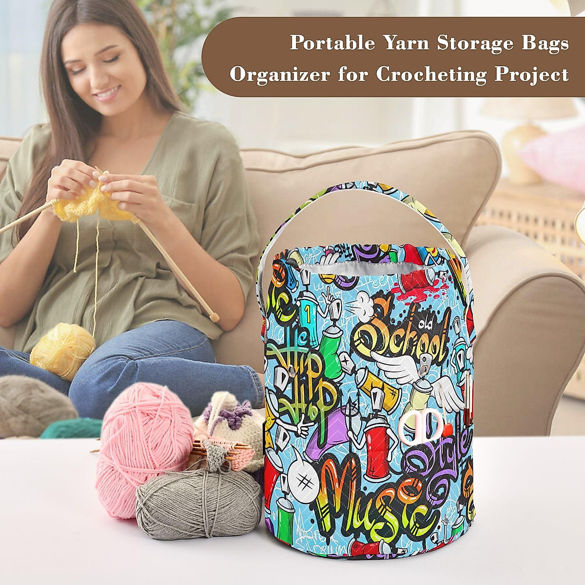 Graffiti Vibes Blue Yarn Storage Organizer,Knitted Yarn Bag,Home Storage,Gifts for Crocheters,Portable Storage Bag