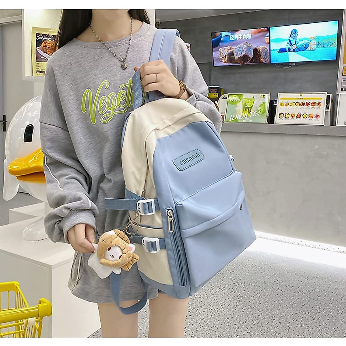 KOWVOWZ Girls Boys Aesthetic Backpack Back to School Student Schoolbag Teenager with Kawaii Pin and Cute Accessories (Blue)