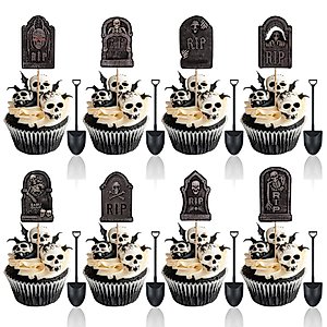48 Pcs Halloween Cupcake Toppers - Tombstones Graveyard Cake Topper, Halloween Cake Decorations with Mini Shovel Spoons, 8 Designs Halloween Cupcake Picks for Kids Birthday Halloween Party Decorations