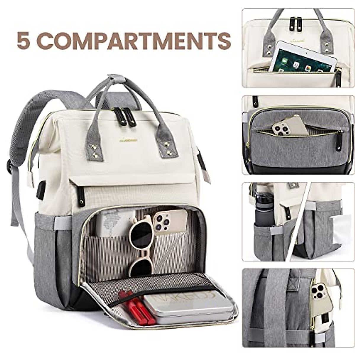 LOVEVOOK Laptop Backpack for Women, 15.6 Inch Work Business Backpacks Purse with USB Port, Large Capacity Educators Nurse Bag Backbag, Waterproof Casual Daypack for Travel,White-Grey-Black