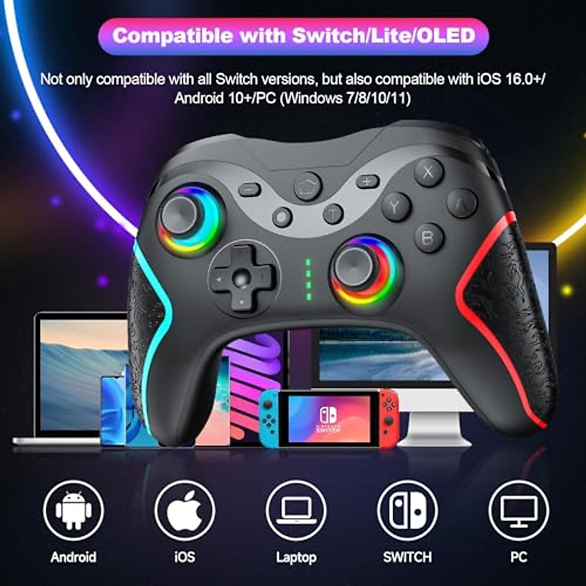 Bidfoce Wireless Switch Controller for Switch/Switch LITE/Switch OLED, Switch Pro Controller with Programming Function, LED Joystick, Adjustable Turbo Vibration,Wake-up Screenshot 【Upgraded Version】