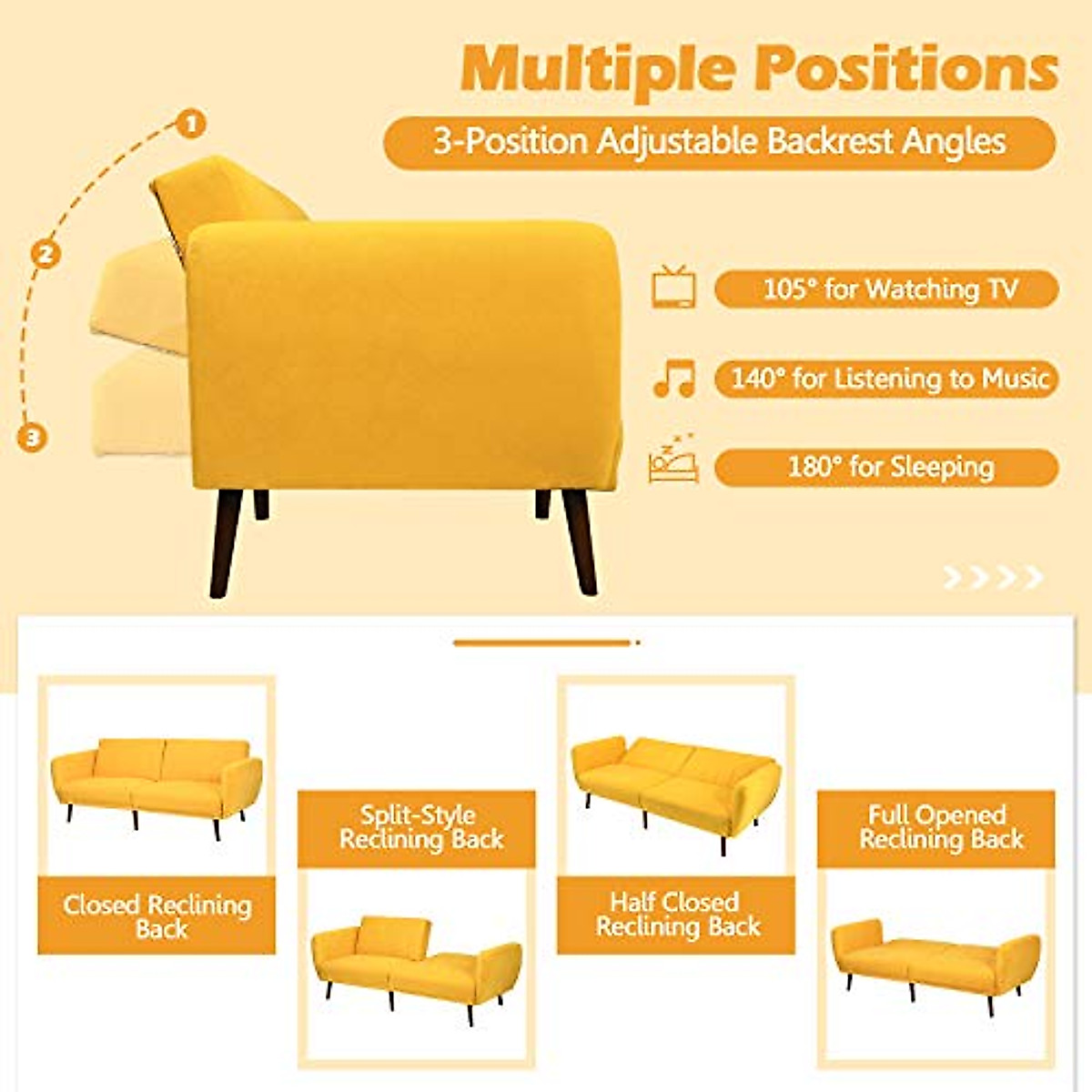 Giantex Foldable Futon Sofa Bed, Convertible Sofa Couch Upholstered Futon Sleeper Sofa, 3-Level Angle Adjustable, Pull Out Futon Bed Ideal for Compact Living Room Apartment, Dorm (Yellow)