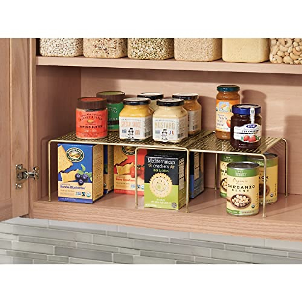 mDesign Adjustable Raised Metal 4-Piece Kitchen Stacking Organizer, Expanding Storage Rack - Cupboard, Pantry Shelf, Non-Skid Feet, Hold Dishes, Bowls, Mugs, Concerto Collection, 2 Pack, Soft Brass