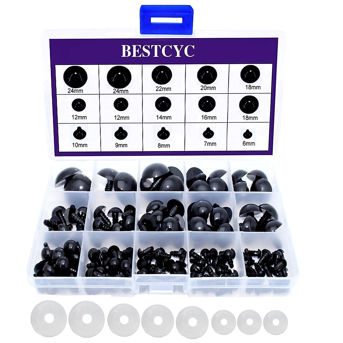BESTCYC 1box(154pcs) 6/7/8/9/10/12/14/16/18/20/22/24mm Black Solid Plastic Safety Eyes Craft Safety Eyes DIY Eyes with Washers for Teddy Bear Doll Plush Animal Puppet Crafts