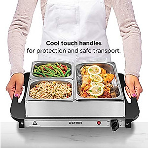 Chefman Electric Buffet Server + Warming Tray w/Adjustable Temperature & 3 Chafing Dishes, Hot Plate Perfect for Holidays, Catering, Parties, Events & Home Dinners, 14" x 14" Surface, Stainless Steel