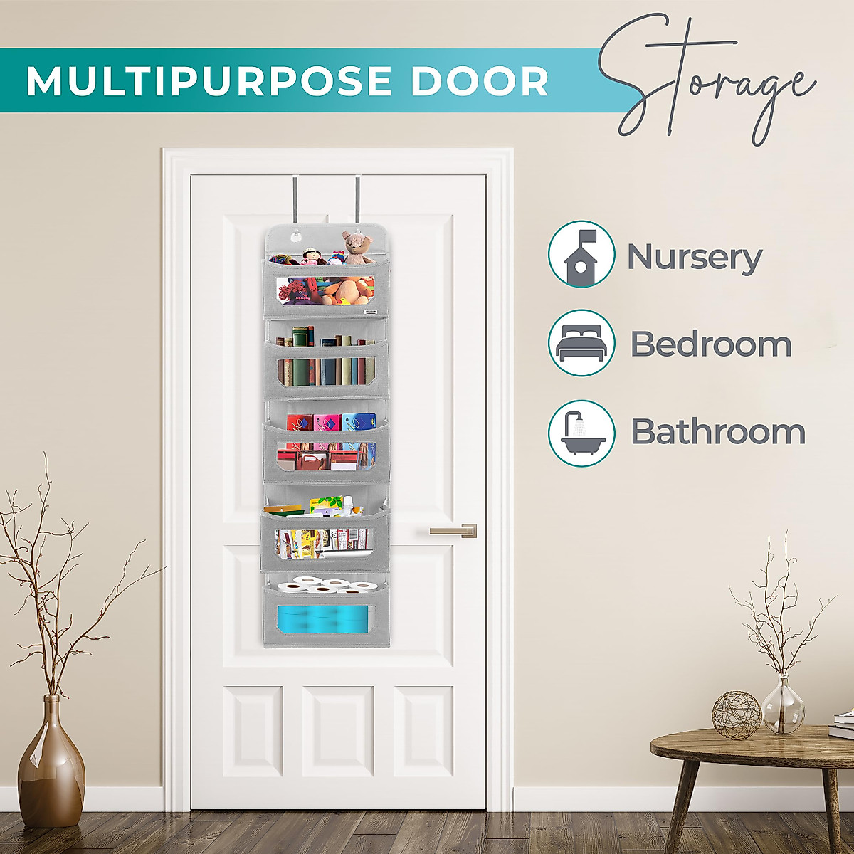 Utopia Home Hanging Closet Organizer, Over The Door Storage with Compartments, Over The Door Pantry Organizer, Hanging Organizers for Sweaters (5 Pockets, Grey)