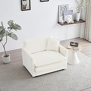 WILLIAMSPACE 41" Single Sofa Chair with Moveable Ottoman, Modern Upholstered Armchair with 1 Toss Pillow, Accent Chair for Living Room Deep Seat Reading Sofa for Bedroom, Chenille (Cream White)