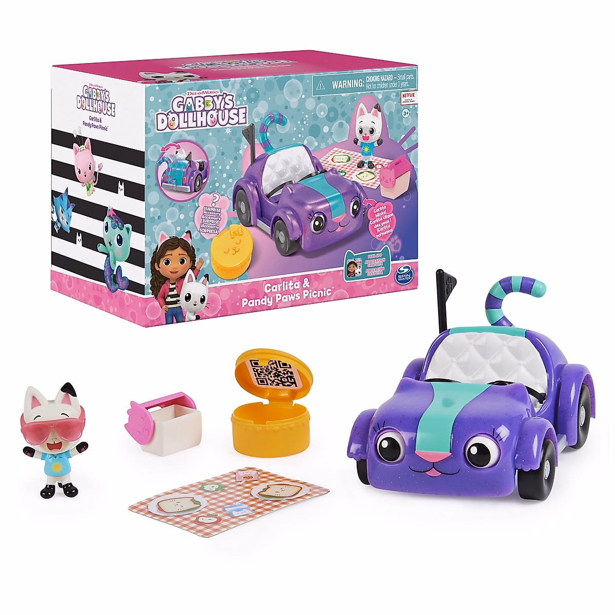 Gabby's Dollhouse, Carlita Toy Car with Pandy Paws Collectible Figure and 2 Accessories, Kids Toys for Ages 3 and up