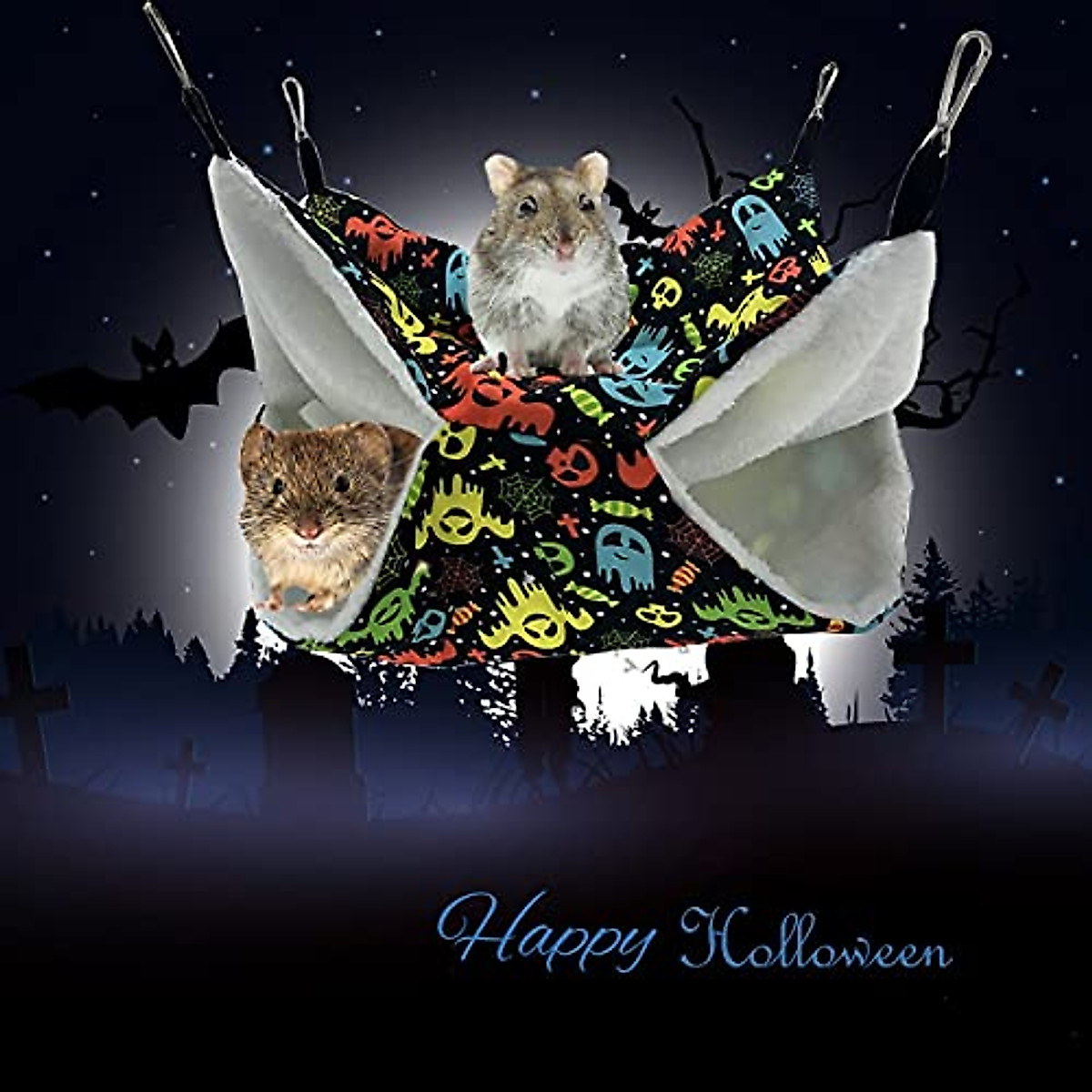 CooShou 2PCS Halloween Small Pet Hammock Hanging Tunnel Set- Halloween Hamster Hammock Bunk Bed Sugar Glider Hideout Tunnel Sleeping Nest House Cage Accessories for Squirrel Ferret Chincilla