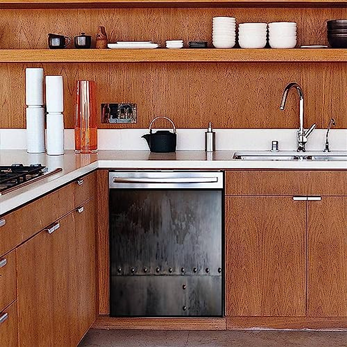 Dishwasher Magnet Cover Aged Metal Wall Distressed Style Magnetic Refrigerator Stickers Farmhouse Decorative Appliance Cover Fridge Panels Metal Door Garage 23x26in