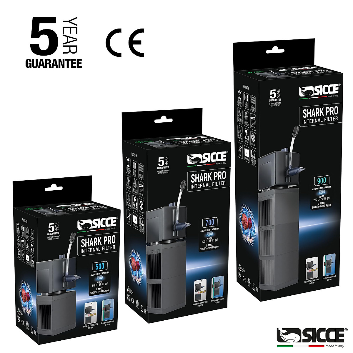 Sicce Shark PRO 900 Internal Aquarium Filter 240 GPH Submersible | Up to 70 Gallons | in-Tank Freshwater and Saltwater Application with Three Removable Filter Cartridges | Fish Tank Turtle Terrarium