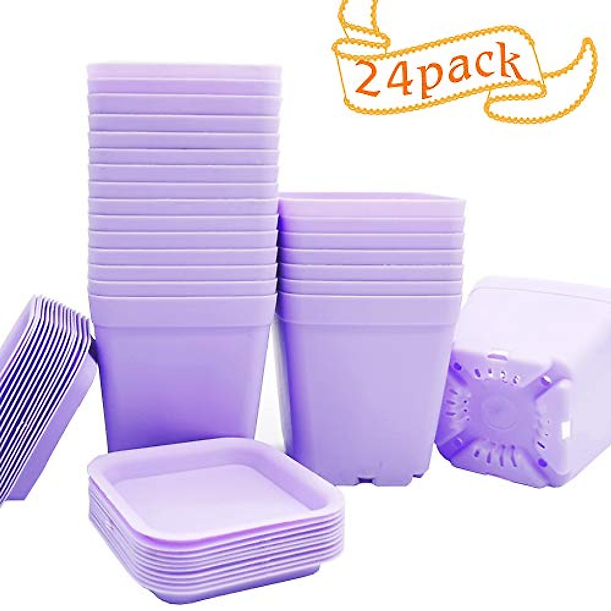 24 Pack Plastic Square Nursery Pots 3 Inch Plastic Plant Pots,Flower Pot with Tray Saucer for Indoor Outdoor Garden Office Decor