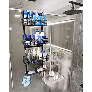 Consumest 4 Tier Over The Door Shower Caddy with Soap Holder, Adjustable Shower Organizer Hanging Shower Shelf with 22 Hooks, Rustproof Stainless Steel Hanging Shower Caddy for Bathroom, Black