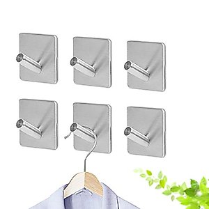 WILIFDOM Self Adhesive Hooks 6 Pack Towel Hook SUS 304 Stainless Steel Bathroom Kitchen Organizer Super Power Heavy Duty Wall Mount Coat Hanging Rack