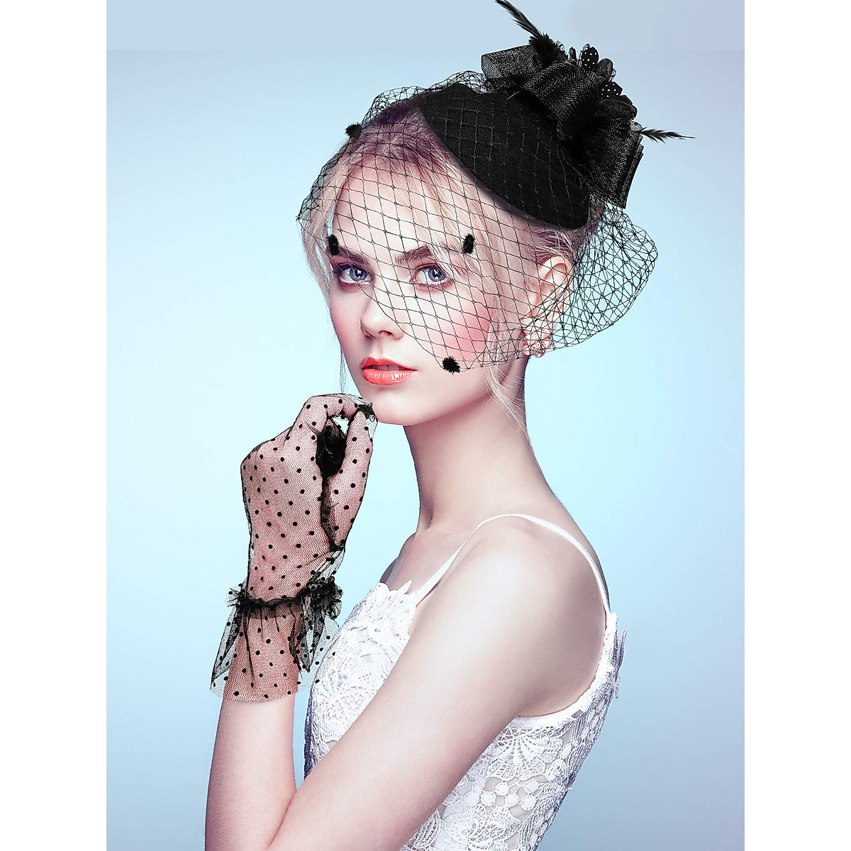 Feather Veil Mesh Hat Lace Short Glove 50s Costume Accessories for Women Wedding