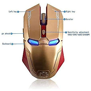 Fitzladd Gaming Wireless Mouse, Six-Button Silent Iron Man Mouse 2.4G with USB Nano Receiver for Laptop and PC (Gold)