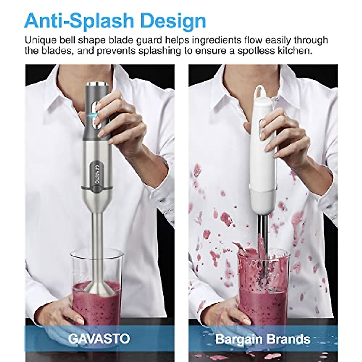 Gavasto Immersion Blender 800 Watts Scratch Resistant Hand Blender,15 Speed and Turbo Mode Hand Mixer, 3-in-1 Heavy Duty Copper Motor Stainless Steel Smart Stick with Egg Beaters and Chopper/Food Processor