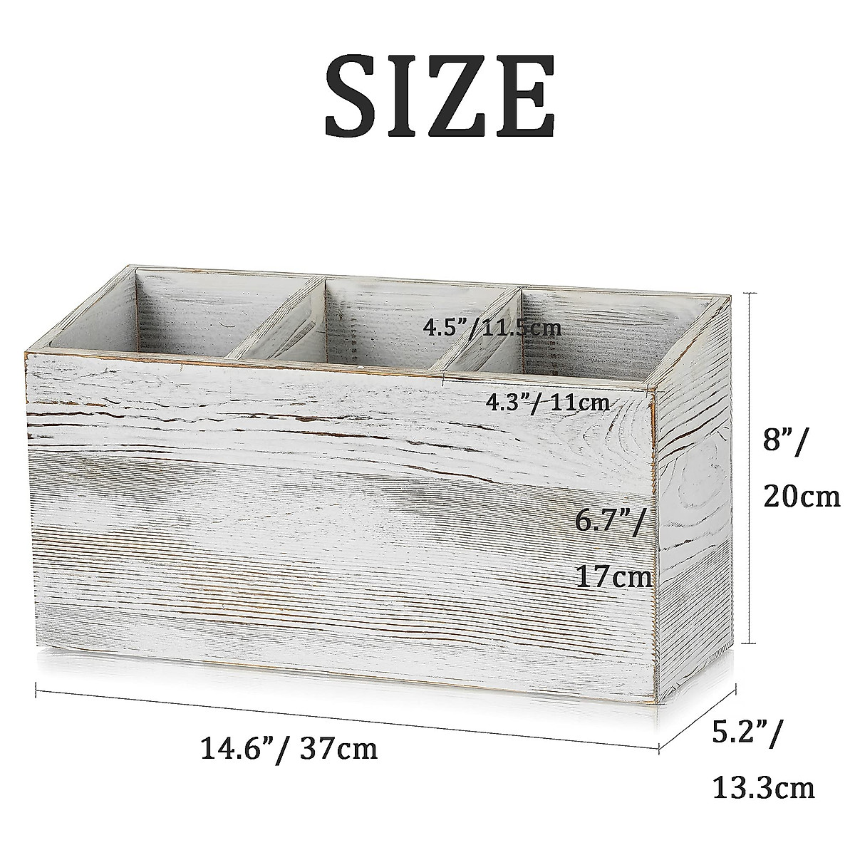 Hanobe Large Wooden Utensil Holder: Rustic Farmhouse Wood Cutlery Caddy 3 Compartment Silverware Countertop Organizer Distressed White Washed Flatware Storage for Kitchen Dinning Table