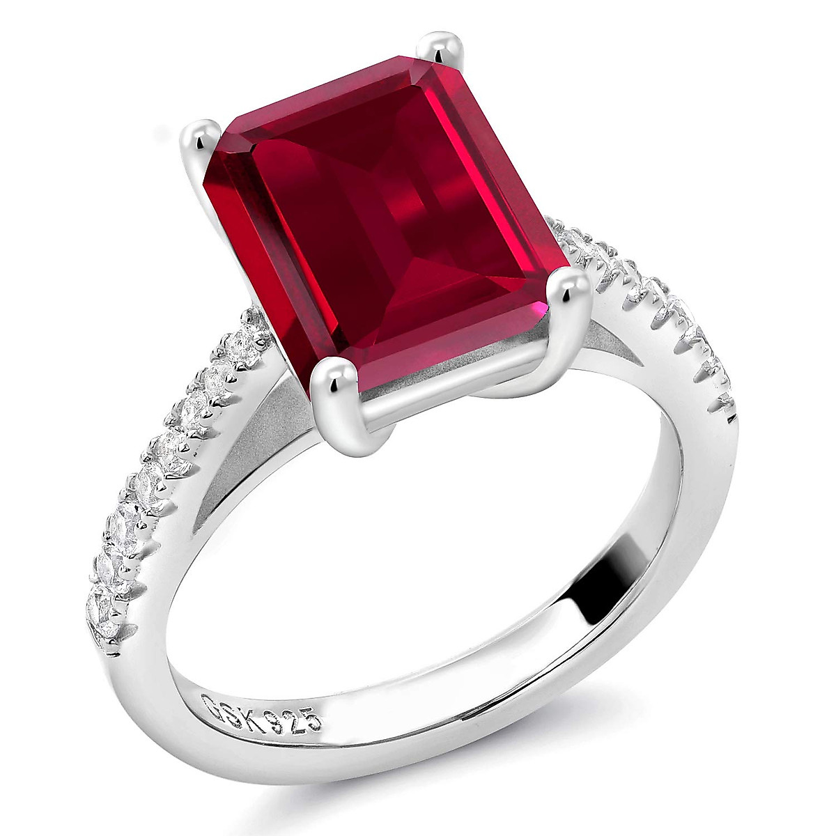 Gem Stone King 925 Sterling Silver Red Created Ruby and White Created Sapphire Ring For Women (4.06 Cttw, Emerald Cut 10X8MM, Available In Size 5, 6, 7, 8, 9)