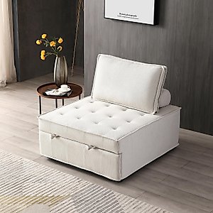 Polibi Convertible Single Sofa Bed with Pillow, Pull-out Sleeper Sofabed Linen Fabric Upholstered Leisure Sofa for Bedroom, Living Room, Office, Beige