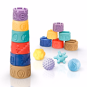AUYYOSK 10 Pcs Baby Soft Stacking Building Blocks & Sensory Ball Infant Toys, Montessori Toys for Toddler Educational Squeeze Balls for Boys & Girls Babies Ages 6 9 12 Months 1 2 Years Old