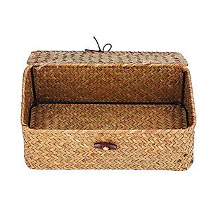 Lwuey Seagrass Storage Baskets with Lid, Rectangular Shelf Rattan Basket Lids Seaweed Box Woven Boxes Handwoven Wicker Straw Bin Container Organizer for Home Living Room Closet Bedroom Desktop(S)
