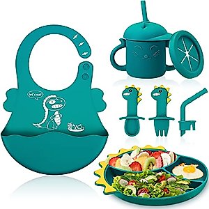 Yaomiao 6 Pcs Silicone Toddler Feeding Set Baby Led Weaning Supplies Dinosaur Shape Divided Silicone Suction Plate Adjustable Bib Sippy Cup with Spoon and Fork Straw Set, Microwave Dishwasher Safe