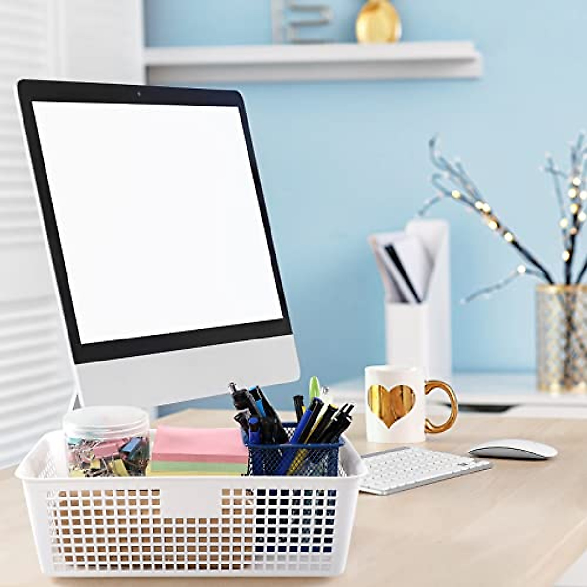 Tstorage Slim Plastic Storage Baskets with Circles, Plastic Desktop Pencil Baskets, 6 Packs