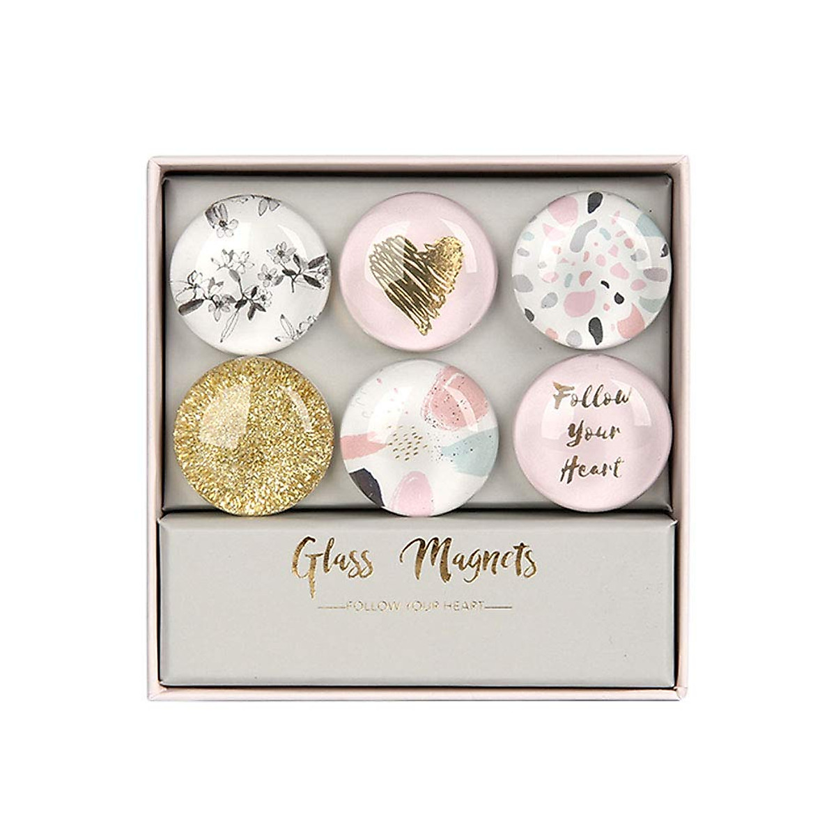 Buqoo Strong Magnets for Refrigerator Round Glass Megnetic Stickers with Inspirational Quotes 6-Count Cute Decorative Magnets for Whiteboard (Light Pink)