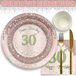 algpty 30th Birthday Decorations Plates Set Rose Gold | Service for 20 | 30th Birthday Party Supplies Rose Gold with Plates, Cups, Napkins, Tablecloth | 30th Birthday Supplies Tableware for Women