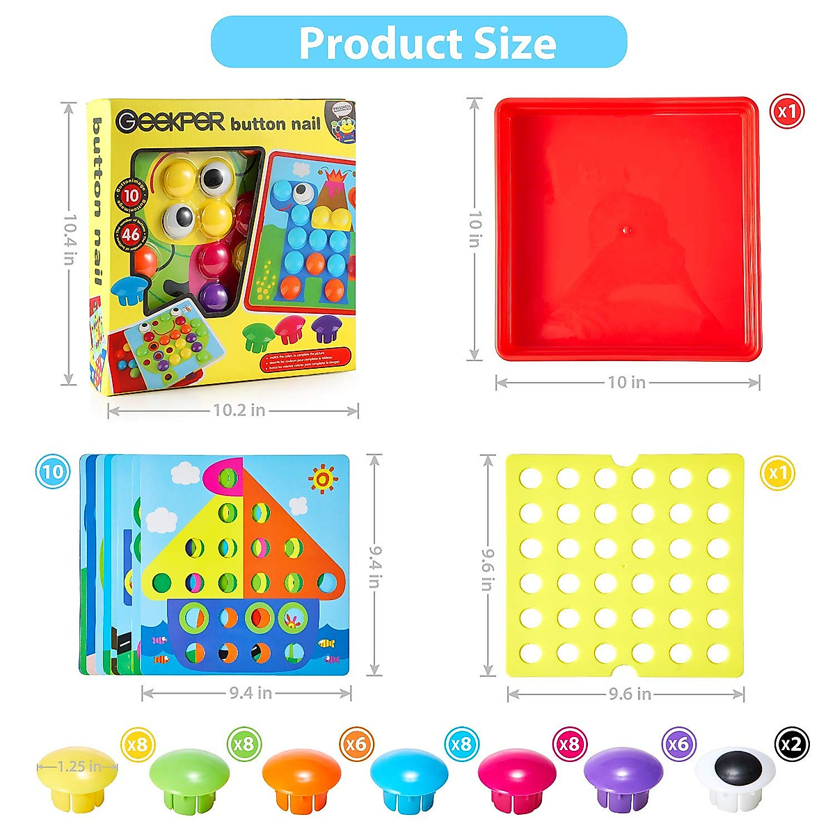 Geekper 68PCS Button Art Toys for Toddlers Color Matching Mosaic Pegboard, Early Learning Educational Toys for 3, 4, 5, 6 Year Old Kids Boys and Girls, 10 Pictures and 58 Buttons