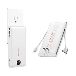 VEEKTOMX Power Bank with Built in Cables 22.5W 10000mAh, Portable Charger for iPhone with AC Wall Plug, Fast Charging USB C Slim iPhone Charger with LED Display Compatible with iPhone15/14/13, Samsung