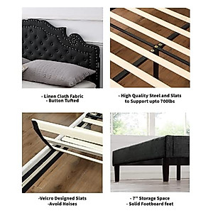 Queen Upholstered Platform Bed Frame with 47" Tall Adjustable Headboard - Button Tufted Linen Bed - Wood Slat Support with Storage Space - No Box Spring Needed - Black - Oliver & Smith - Elizabeth