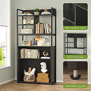 armocity Black Industrial Bookshelf, 6 Tier Tall Bookshelves Wood Metal Frame Standing Bookcase, Display Book Shelf with Adjustable Storage Shelves for Home Office, Living Room, Bed Room, Black