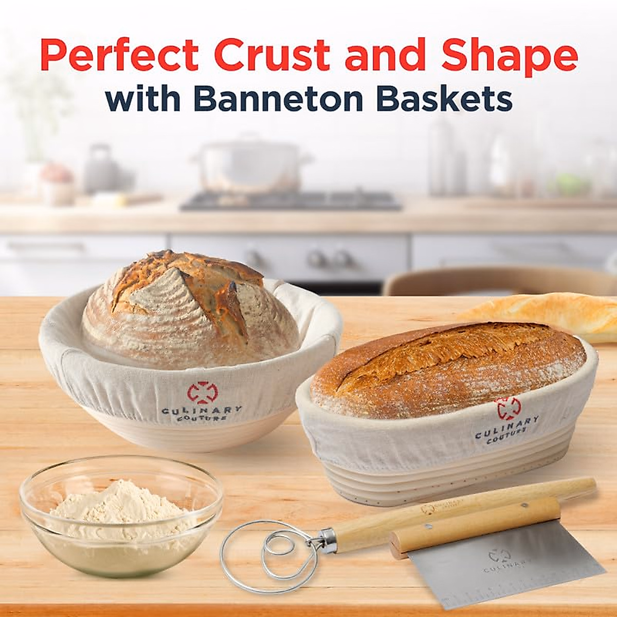 Bread Proofing Basket Set of 2 - Round 9" & Oval 8" Sourdough Bread Baking Supplies w/Linen Liner, Scrapers, Scoring Lame, Whisk, Blades Banneton Proofing Baskets - Sourdough Starter Kit for Beginners