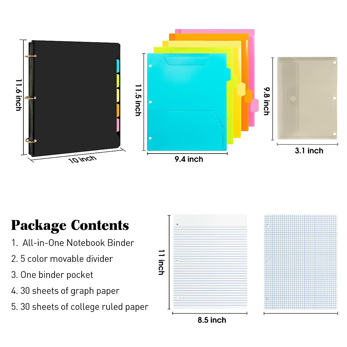 INFUN All-in-One Notebook Binder,Refillable Binder Notebook 1 inch, 3 Ring Binder with 5 Colored Movable Subject Dividers, One Plastic Inner Binder Pocket - Black