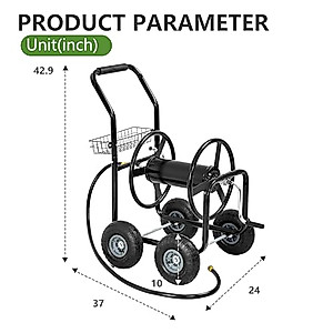 Hose Reel Hold Up To 300 Ft Heavy Duty Garden Hose Reel Sturdy Water Hose Reel Cart with 4 Wheels Storage Basket for Garden Lawn Yard Outdoor (Black)