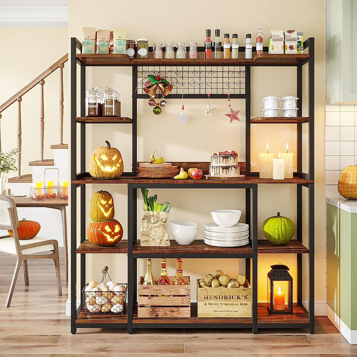 Tribesigns Large Bakers Rack, 55" Wide Kitchen Hutch Cabinet Microwave Stand with 11 Hooks, 5-Tier Baker’s Rack Kitchen Storage Shelf Rack with Hutch, Rustic Brown