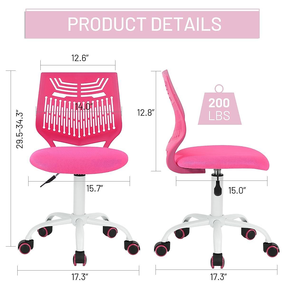 FurnitureR Desk Chair Armless Cute Home Office Desk Chair for Kids, Swivel Computer Task Chair Study Chair with Mesh Padded Cushion and Rolling Wheels for Child, Pink